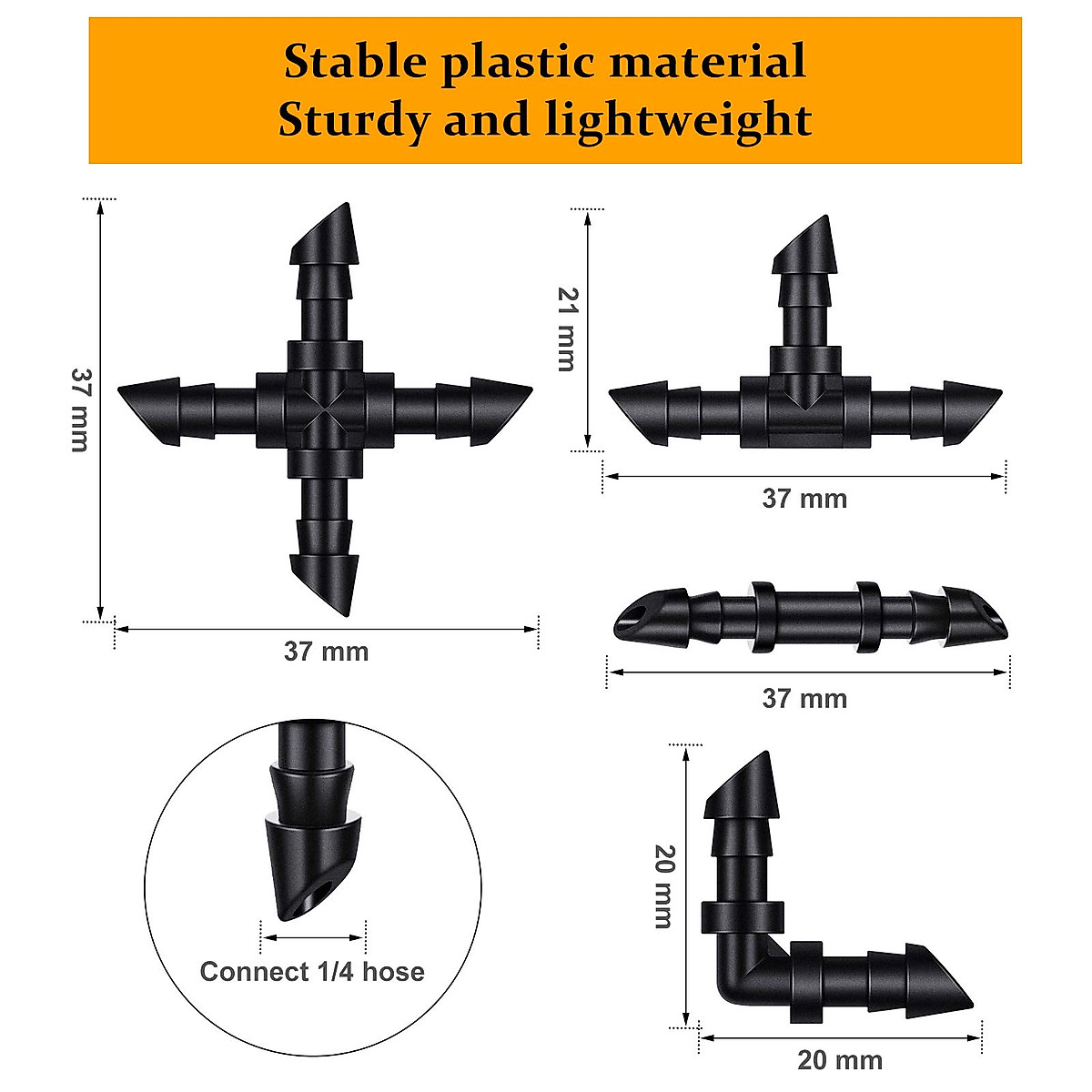200 Pieces Drip Irrigation Fittings Kit for 1/4 Inch Tubing, 50 Straight Barbs, 50 Tees, 50 Elbows, 50 4-Way Couplings, Barbed Connectors with Plastic Box for Garden Lawn Drip, Sprinkler Systems,Black