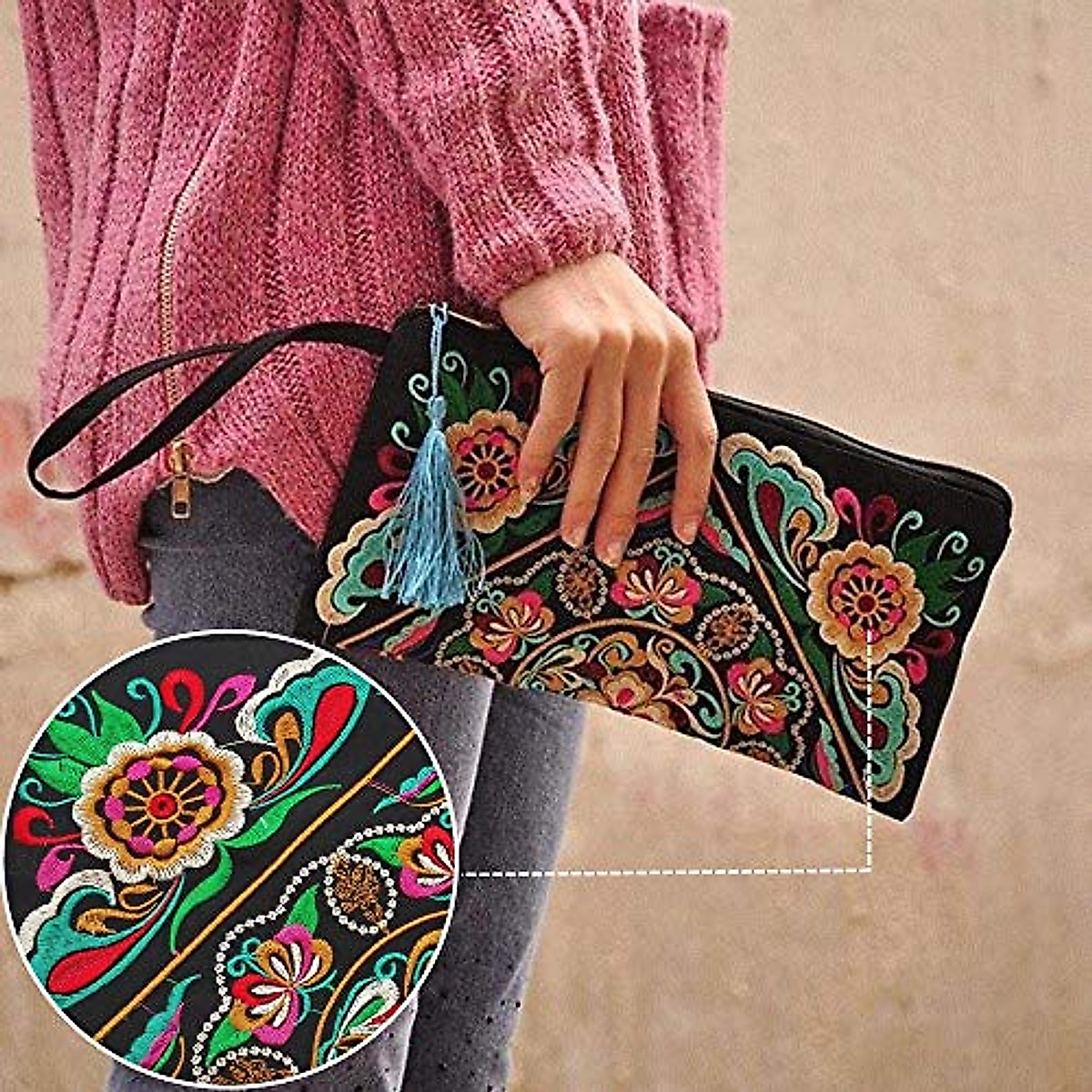 Clutch Purse, Embroidery Flower Clutch Handbag Evening Bags Handbags Wristlet Clutches Bag Wallet Summer Beach Bag for Women