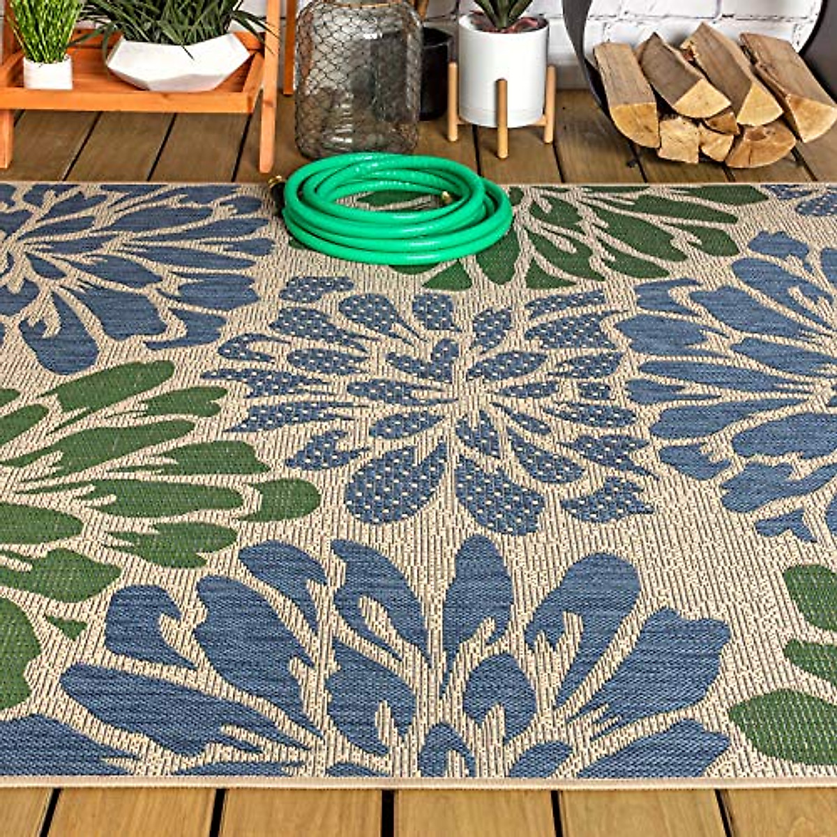 JONATHAN Y SMB110B-4 Zinnia Modern Floral Textured Weave Indoor Outdoor Area-Rug Bohemian Coastal Easy-Cleaning Bedroom Kitchen Backyard Patio Non Shedding, 4 X 6, Navy/Green