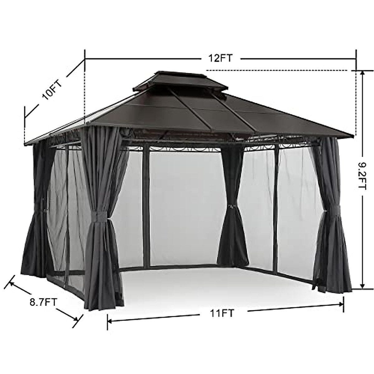 COOSHADE 10×12 Polycarbonate Roof Patio Gazebos Double Vent Waterproof Outdoor Gazebo with Curtains and Mosquito Netting (Dark Grey)