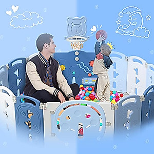 YOLEO Baby Playpen for Babies and Toddlers Portable Kids Play Yards Foldable Gated Fences for Crawling Kids Large Activity Area Blue Themed 14 Panels