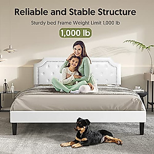 BONSOIR Bed Frame Upholstered Low Profile Platform Bed with Tufted Faux Leather Headboard/No Box Spring Needed/No Bed Skirt Needed (White, Queen Size)