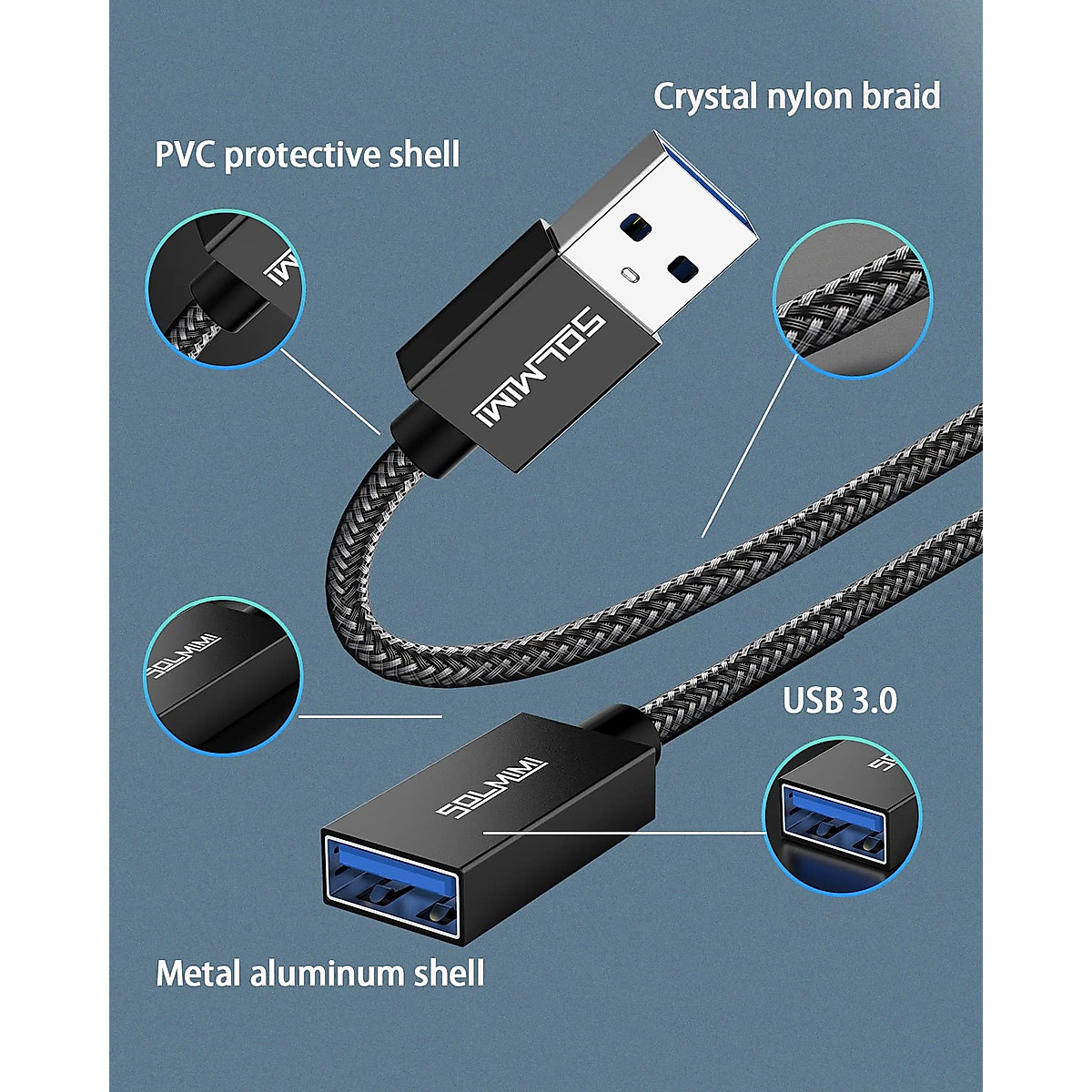 SOLMIMI USB Extension Cable, USB 3.0 A Male to USB A Female Cord, USB Extender Cable Compatible for PS4, PC, Laptop, TV, Headphone, Hard Drive, Keyboard, Mouse, Printer, Webcam (4FT/1.2M, Black)