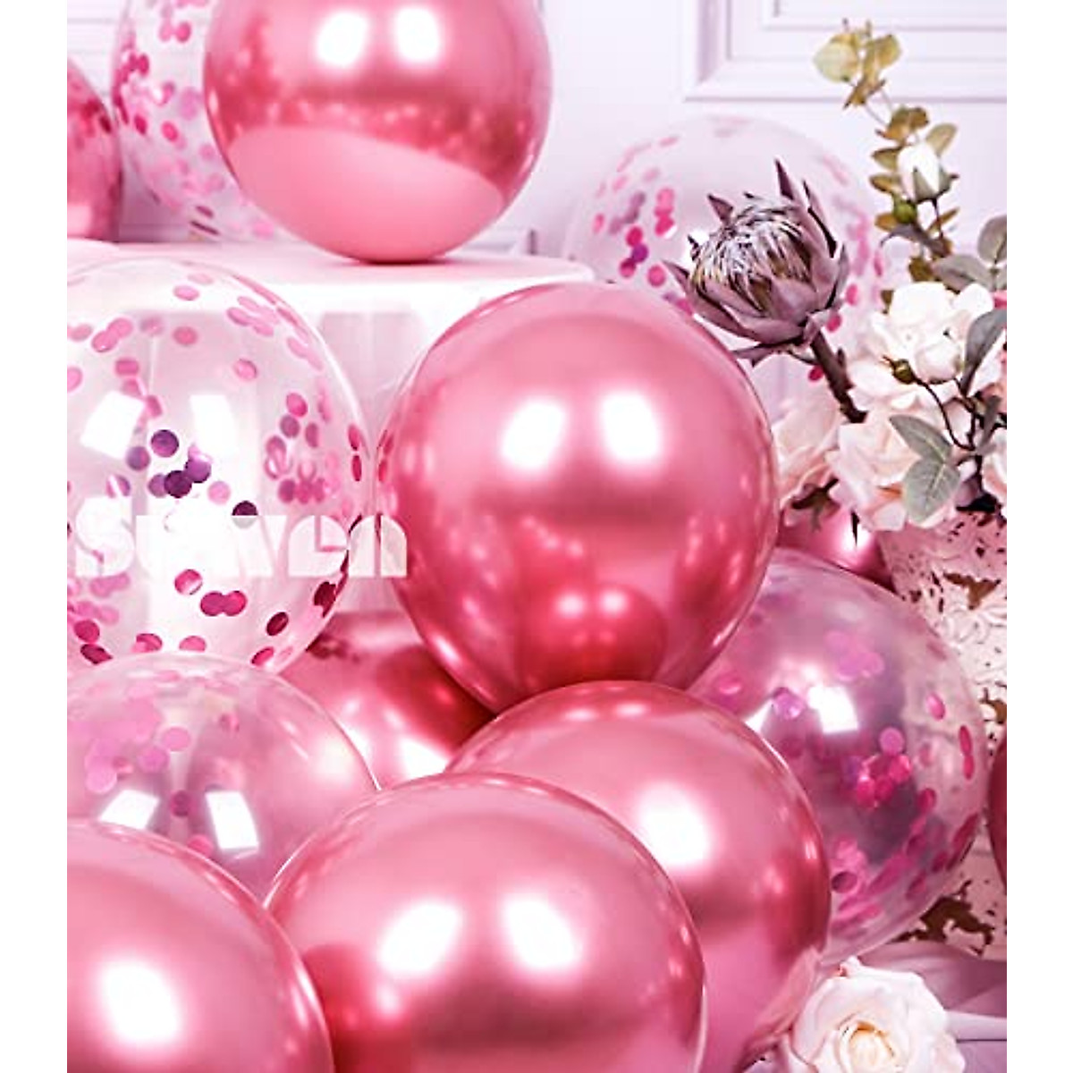 SUWEN Metallic Hot Pink Balloons and Confetti Balloons Set 47PCS Latex Helium Chrome Magenta Balloon for Birthday Graduation Anniversary Party Decorations