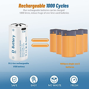 winbasic Rechargeable Lithium D Batteries with 4 in 1 USB-C Charging Cable,1.5V D Size Cell Battery 5600mWh for Flashlight Toys & floodlight (4 Pack)