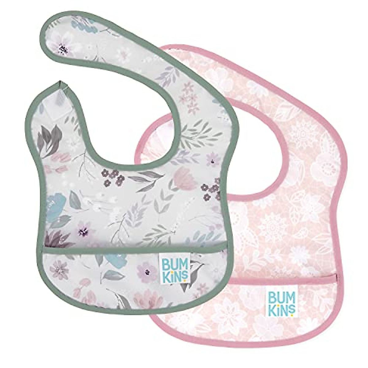 Bumkins Starter Bib, Baby Bib Infant, Waterproof Fabric, Fits Infants and Babies 3-9 Months - Floral & Lace (2-Pack)
