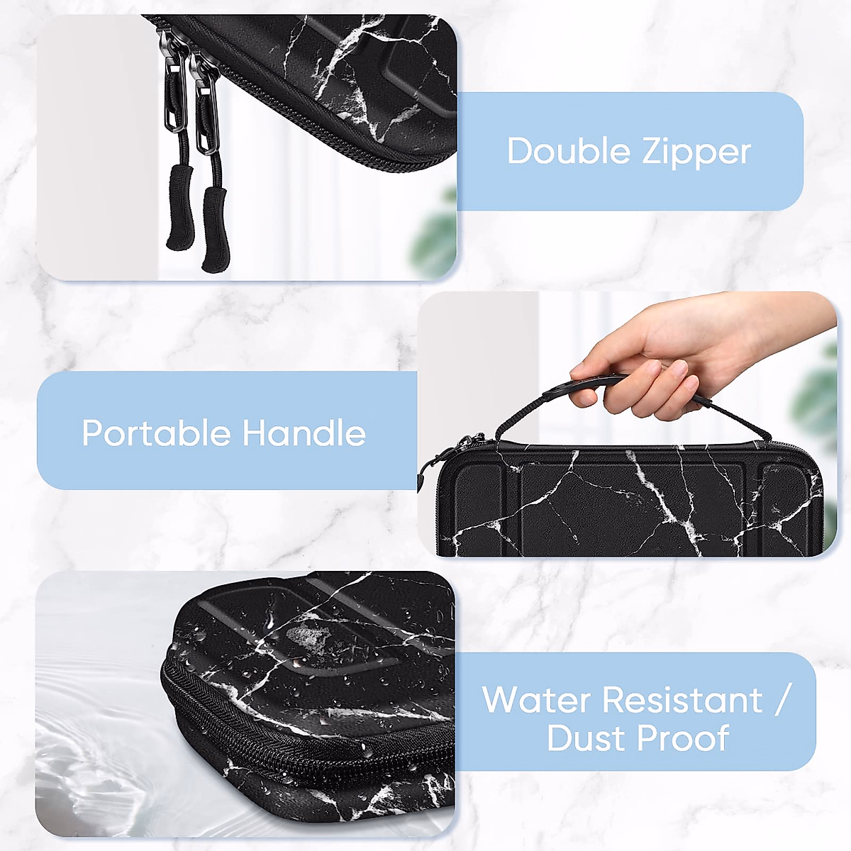 Fintie Carrying Case for Nintendo Switch OLED Model 2021/Switch 2017, [Shockproof] Hard Shell Protective Cover Travel Bag with 10 Game Card Slots & Inner Pocket, Marble Black