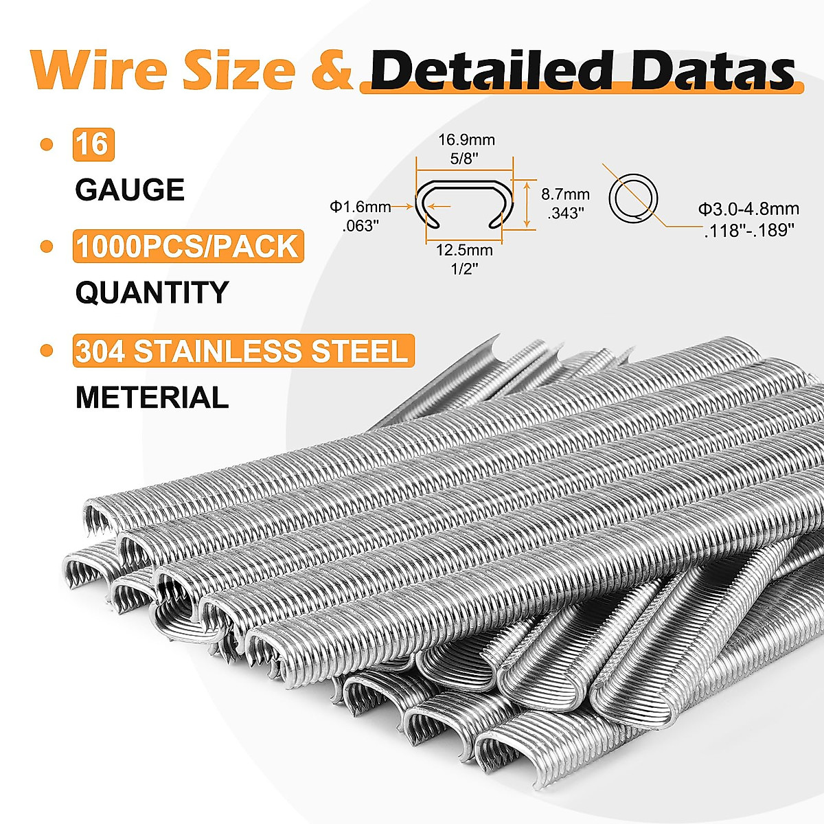 KIMSING SC760 16 Gauge 5/8'' Crown Stainless Steel C Ring Staples C-Rings Hog Rings, Wire Fencing Staples, Fasteners for C Ring Stapler, Hog Ring Tool, C Ring Plier, 1000 PCS/Pack