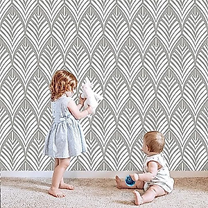 Yun-aeon Modern Silver Leaf Peel and Stick Wallpaper Contact Paper 17.7“ X 120“ Geometric Silver Boho Print Wallpaper Peel and Stick Self Adhesive Wallpaper Removable Wallpaper
