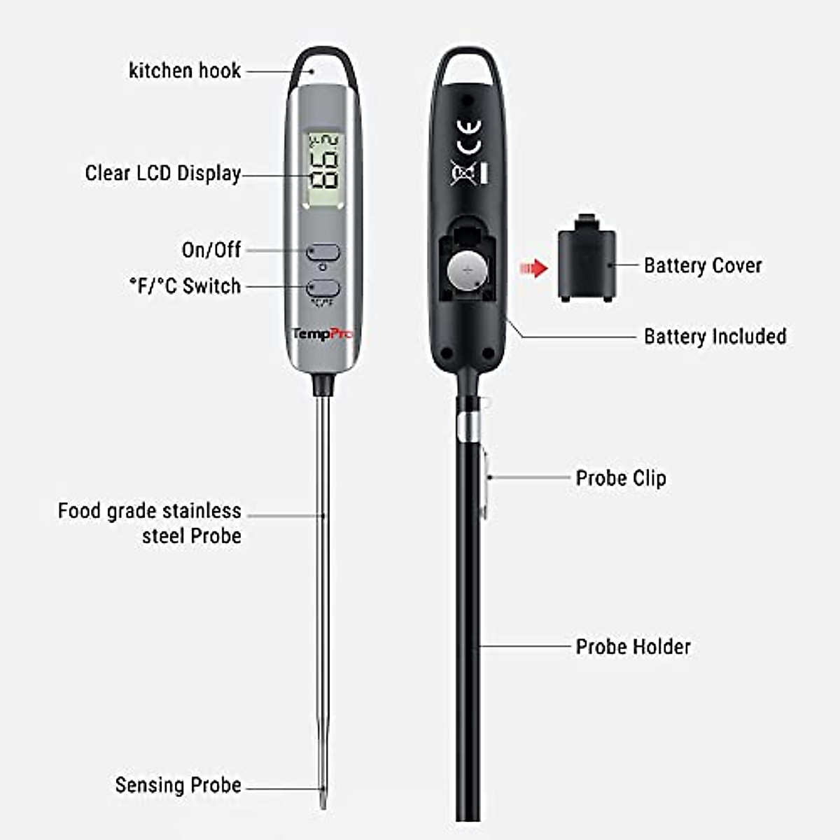 TempPro E16 Digital Meat Thermometer Instant Read Cooking Food Thermometer with Long Probe for BBQ Grill Smoker Oven Deep Fry Candy Kitchen Thermometer, Silver