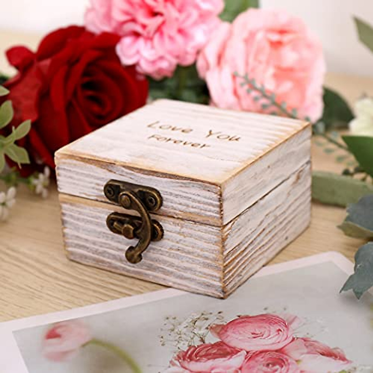 LONGNENG Wooden Ring Box for Wedding Rings and Couple Jewelry,Ring Bearer Box for Display or Personal Organizer,Engraved LOVE YOU FOREVER Lettering