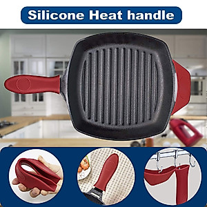 PAPABA 8Pcs/Set Silicone Hot Handle Cover Pot Holders Heat-Resistant Grip Handle Sleeves Lid Covers with Scraper for Frying Pans Cookware Red