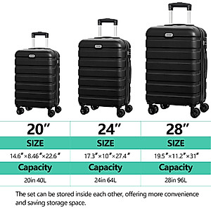 AnyZip Luggage Sets 3 Piece PC ABS Hardside Lightweight Suitcase with 4 Universal Wheels TSA Lock Carry On 20 24 28 Inch Black