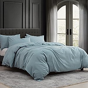 KAKABELL 100% Washed Cotton Linen Duvet Covers Set,Luxury Soft and Breathable Portable Openings 3 Piece Bedding Set,1200 Thread Count,with 8 Corner Ties 90x106 Inches(Light Blue, King)