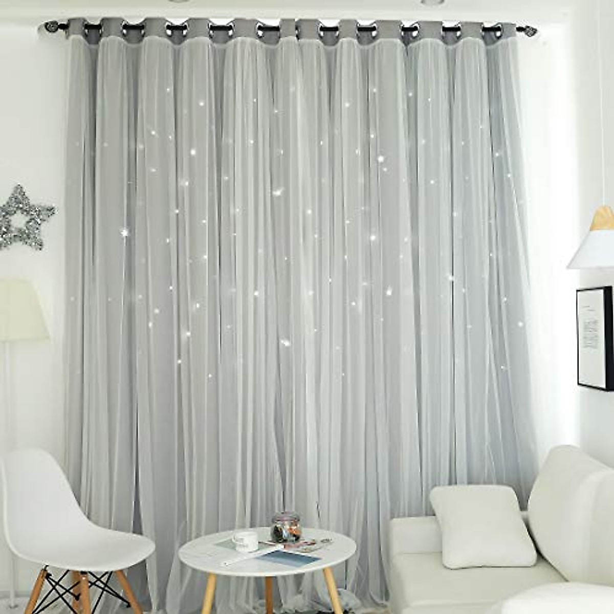 Unistar 2 Panels Stars Blackout Curtains for Bedroom Girls Kids Baby Window Curtain Double Layer Star Cut Out Aesthetic Living Room Decor Wall Home Decorations Curtain,W52 x L95 Inches,Grey