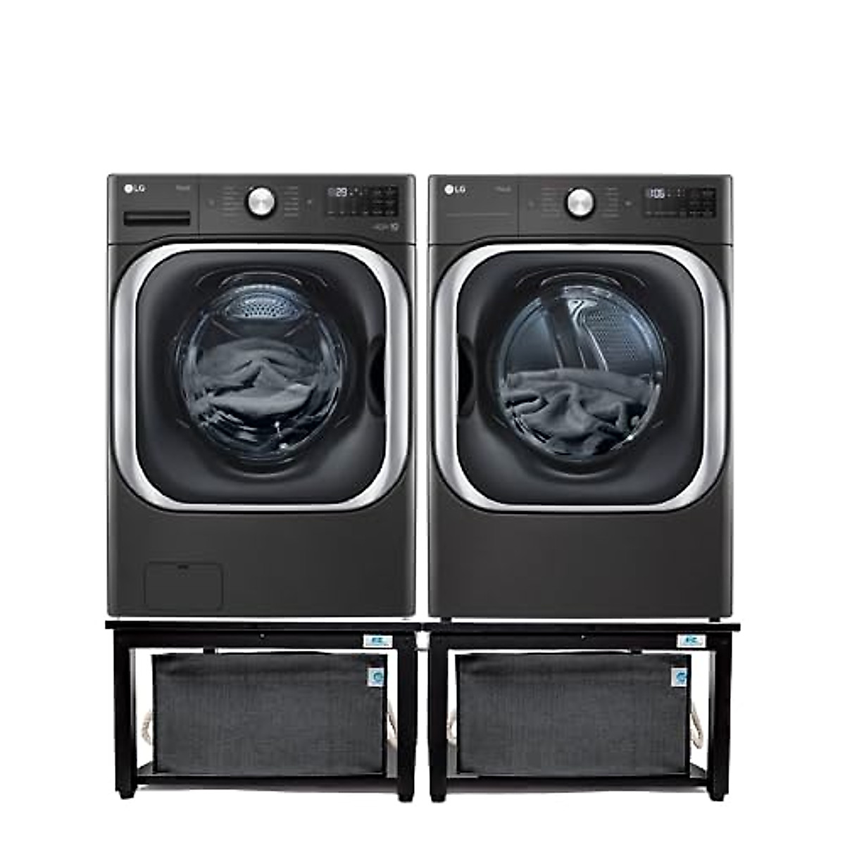 EZ Laundry | Upgraded 29” Universal Pedestal – 700lbs Capacity, Raises 16” with Built-in Drain Pan + Hose, Adjustable Feet, Anti-Vibration, Steel & Storage Shelf for Washer & Dryer (Black)