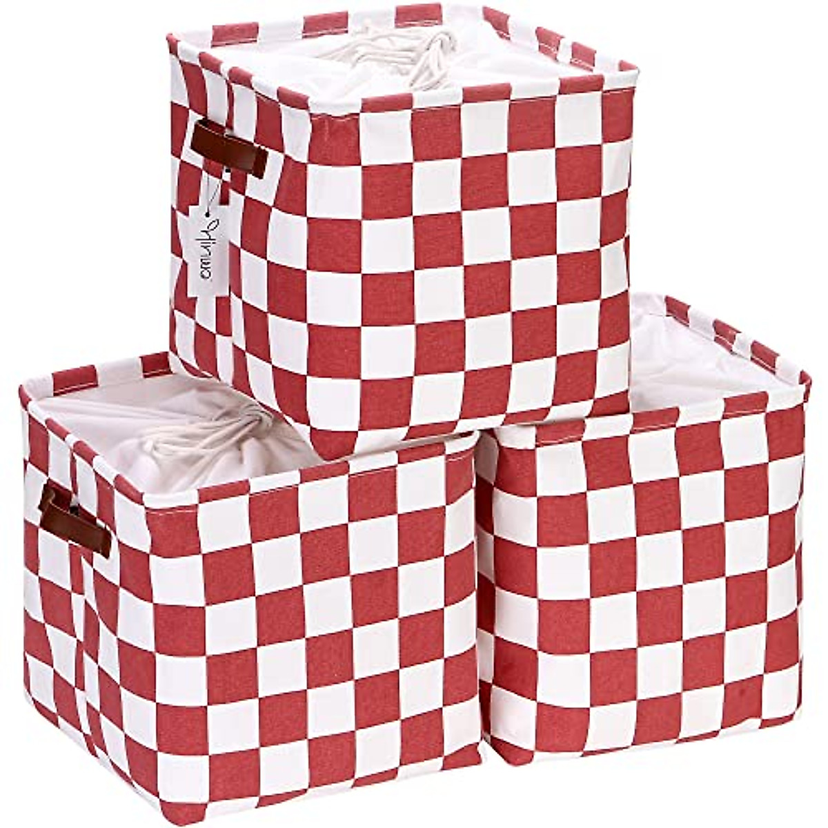 Hinwo 3-Pack Cubic Organizer Shelf Bins, Canvas Fabric Storage Baskets with Handles, 22L/5.8-Gal Square Storage Bins, Cubes, Collapsible Storage Box, 11 x 11 x 11 Inches (S, Red Checkerboard)