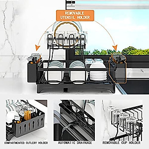B BEAUTYBABY 2 Tier Dish Drying Rack with Drainboard Dish Racks for Kitchen Counter Dish Drainers Set with Utensils Holder Auto-Drainage Large Capacity Stainless Steel Dish Rack Detachable