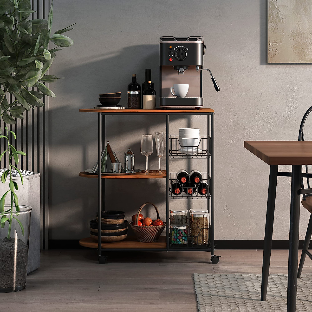 Microwave cart with Storage, Kitchen Microwave Serving Stand Carts with 4 Storage Shelf, Metal Coffee Bar on 4 Wheels and 3 wire baskets for Spice Rack Organizer Workstation, Easy assemble, 33 inch