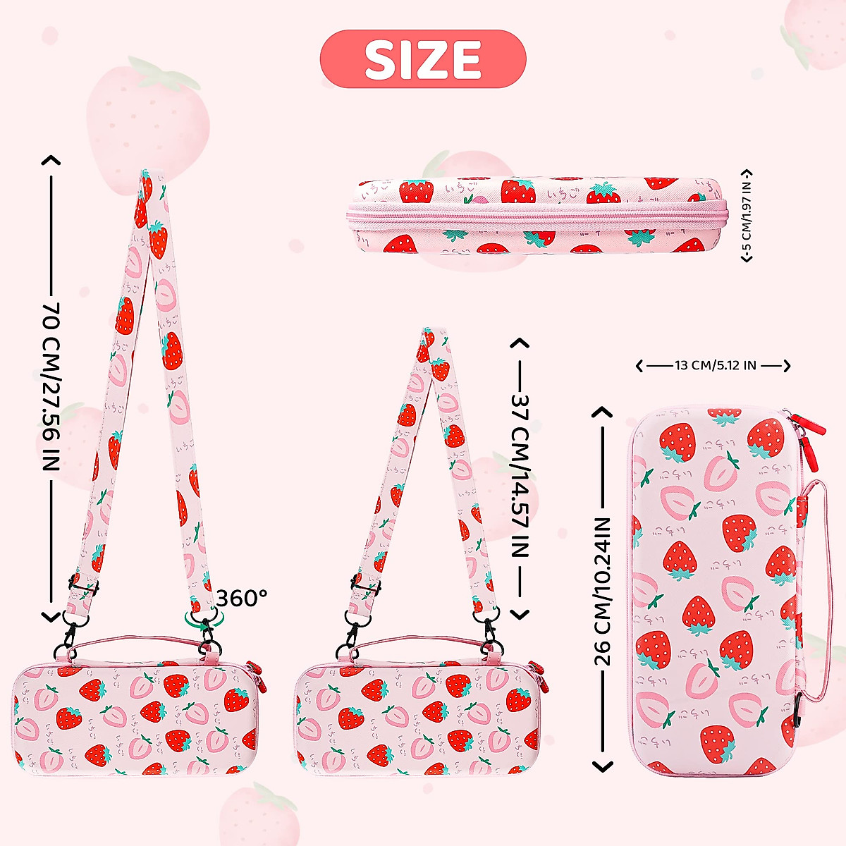 FANPL Carrying Case for Nintendo Switch & Switch OLED, Pink Cute Strawberry Travel Hard Protectiv Case for Switch with Adjustable Shoulder Strap, Game Case, Thumb Grips - Super soft plush lining