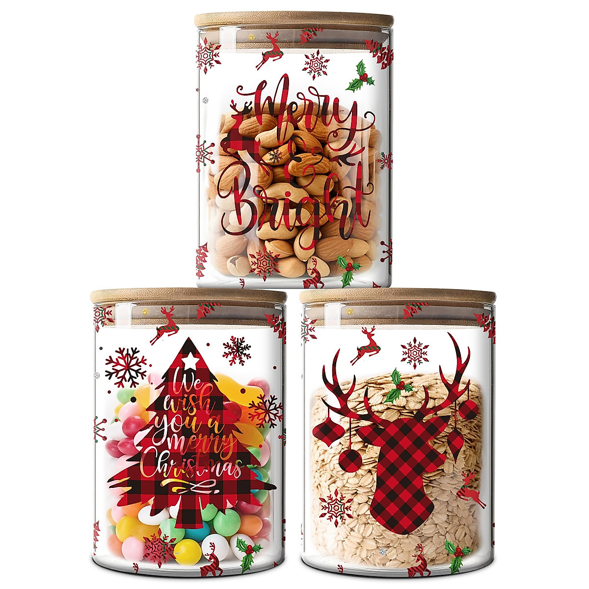 Christmas Plaid Glass Storage Jars Set with Airtight Bamboo Lids - Clear Christmas Home Decor