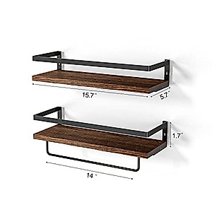 homehours Floating Shelves Wall Shelves for Bathroom Kitchen Bedroom Shelf with Hanging Towel Bar 2 Sets. (Rustic Brown)