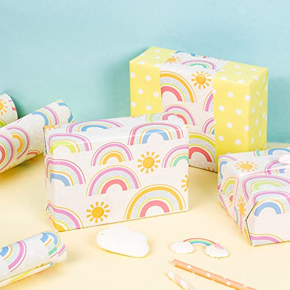 WRAPAHOLIC Reversible Wrapping Paper - Mini Roll - 17 Inch X 33 Feet - Rainbows Design, Perfect for Birthday, Party, Holiday, Wedding, Baby Shower