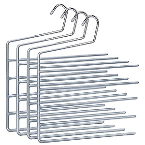 Nature Smile 4 Pack Heavy Duty Multi Layers Metal Pant Slack Hangers,Non-Slip 5-Tier Open-Ended Pants Hanger Closet Storage Organizer for Garden Flags Trousers Jeans Scarf(Silvery Grey Color