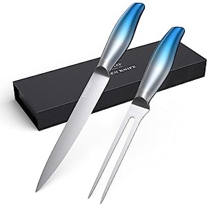 BECOKAY Carving Knife and Fork Set, High Carbon German Steel, 12" Meat Carving Knife and 11" Fork for Outdoor Camping Family Barbecue BBQ Turkey Gift, with Elegant Full Tang Handle (Blue)