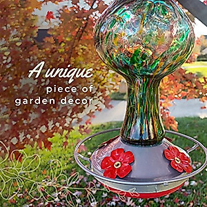 Hummingbird Feeder by Grateful Gnome - Large Hand Blown Stained Glass Feeder for Garden, Patio, Outdoors, Window with Accessories S-Hook, Ant Moat, Brush - 26 fl oz, Purple Speckled Mushroom