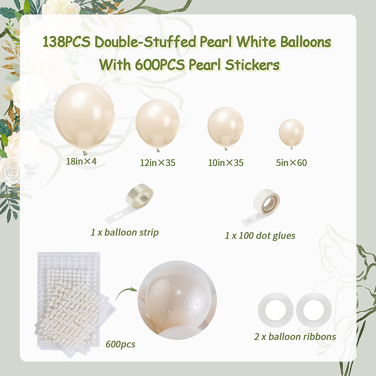 134PCS Pearl White Double-Stuffed Balloons Garland Arch Kit With 600PCS Pearl Stickers,18/12/10/5 inch Different Size Pearl Ivory Balloons for Wedding Bridal Shower Engagement Decorations