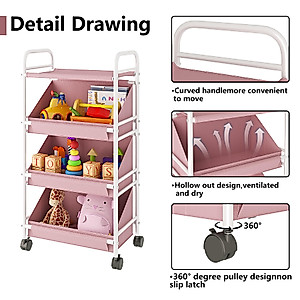 Buzowruil Utility Rolling Fabric Storage Rack Trolley Toy Rack Storage Cart Trolley with 3 Large Storage Boxes，Wheels, Suitable for Bedroom, Living Room, Entryway, Pink