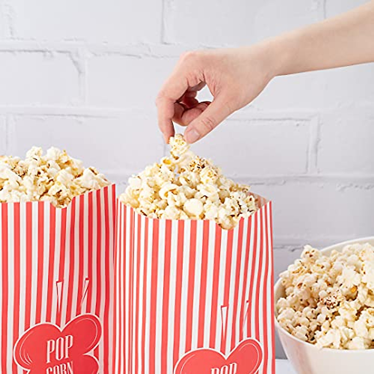 Restaurantware Bag Tek 2 Ounce Popcorn Bags 100 Disposable Paper Popcorn Bags - Greaseproof Striped Red Paper Concession Popcorn Bags For Movie Nights Theaters Carnivals And More