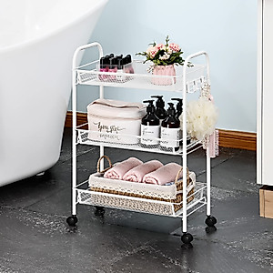 TOOLF 3 Tier Rolling Cart Bundle with 4-Tier Rolling Cart, Metal Utility Cart with 3 Hooks, Easy Assemble Mobile Storage Trolley On Wheels, Slide Out Shelving Units Kitchen Bathroom Laundry Room