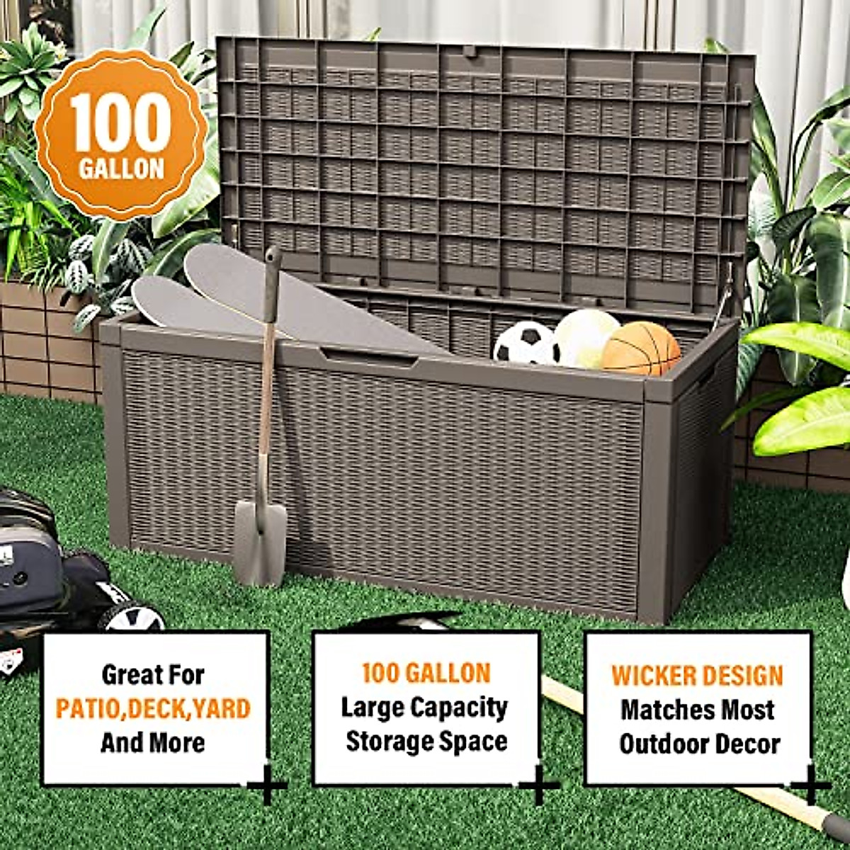 PayLessHere Deck Box 100 Gallons Storage Box Waterproof Outdoor Storage Box Bench with keyhole for Outdoor Garden Pool Patio Storage,Tan