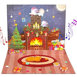 MZD8391 Upgraded Animated Santa Projections Christmas Cards, 3D Pop Up Christmas Gift Greeting Cards with Music & Lights, Music Play We Wish You A Merry Christmas for Christmas Holiday
