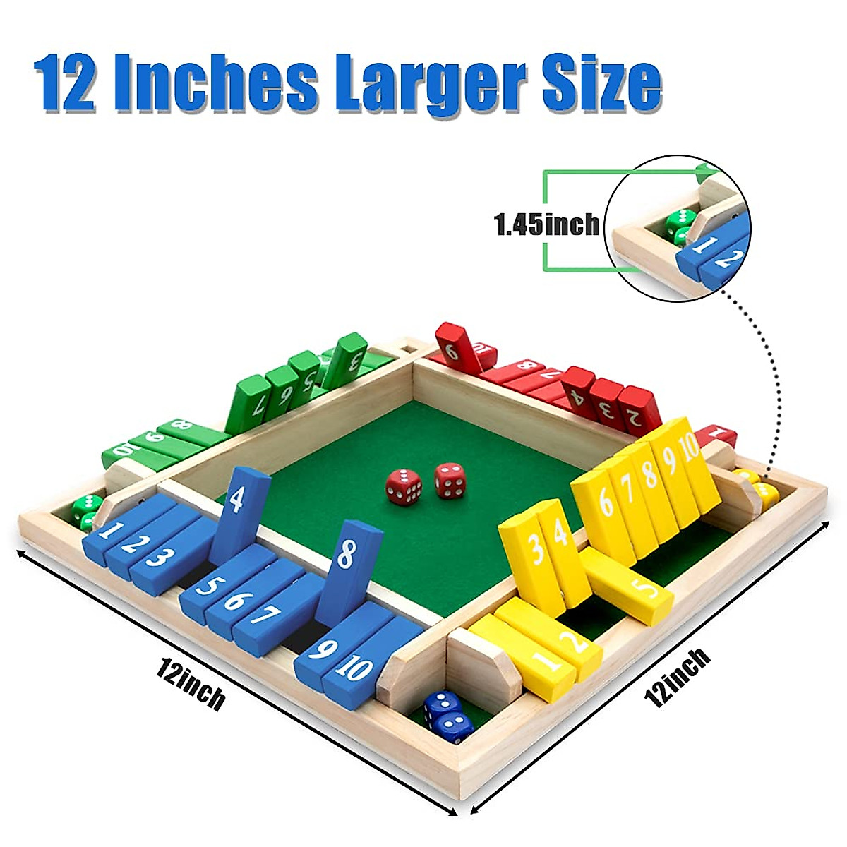 Shut The Box Game, 12 Inches Family Wooden Board Table Math Dice Games for Adults and Kids, 2-4 Player Classics Tabletop Version Games for Classroom,Home,Party or Pub