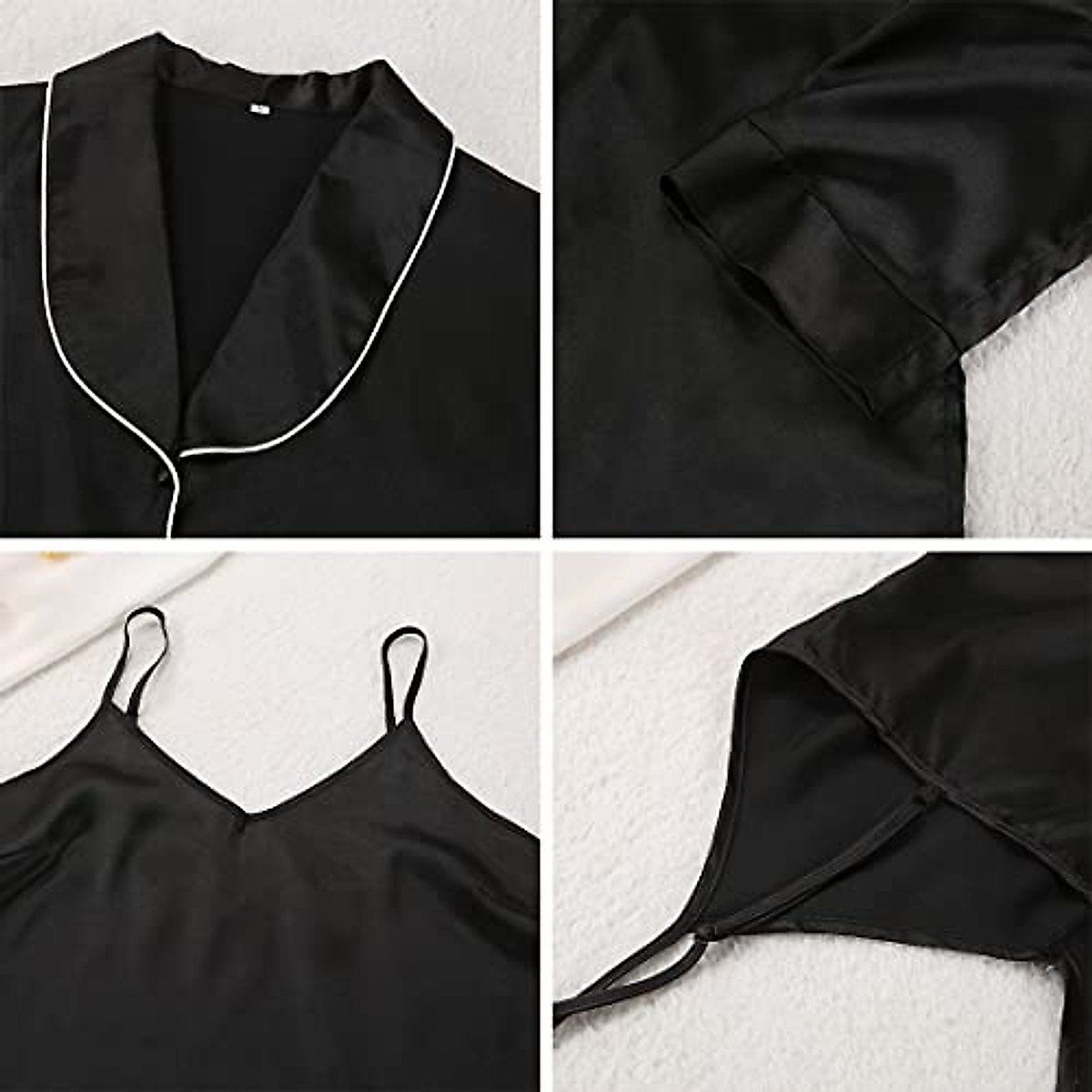 Womens Pajama Sets Silk Satin 3 Piece Sleepwear Cami Shorts and Long Sleeve Top Set Soft Comfy Loungewear, 3-black-imitation Silk-3pcs