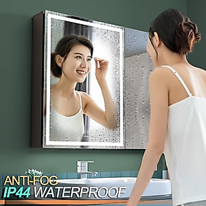 KWW 30 x 28 Inch Double Doors LED Lighted Bathroom Medicine Cabinet, Defogger, Dimmable, 3 Color Light Makeup Mirror, Outlets & USBs, Easy to Install, Wall Mounted Mirror Cabinet