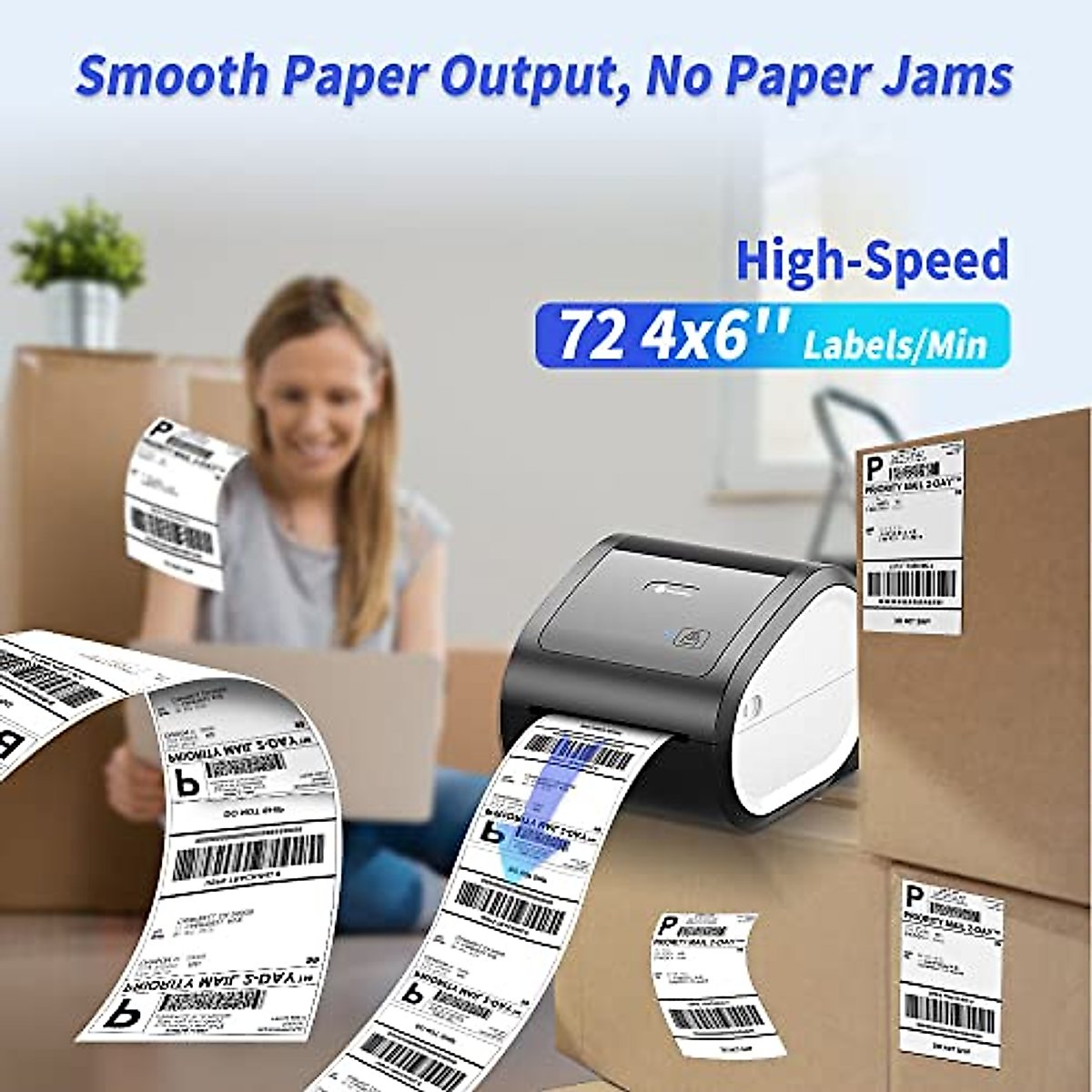 Phomemo D520 Label Printer with 1 Circle Label Roll, Shipping Thermal Printer D520 4x6 Label Printer for Barcode, Mailing, Address Labels, Postage