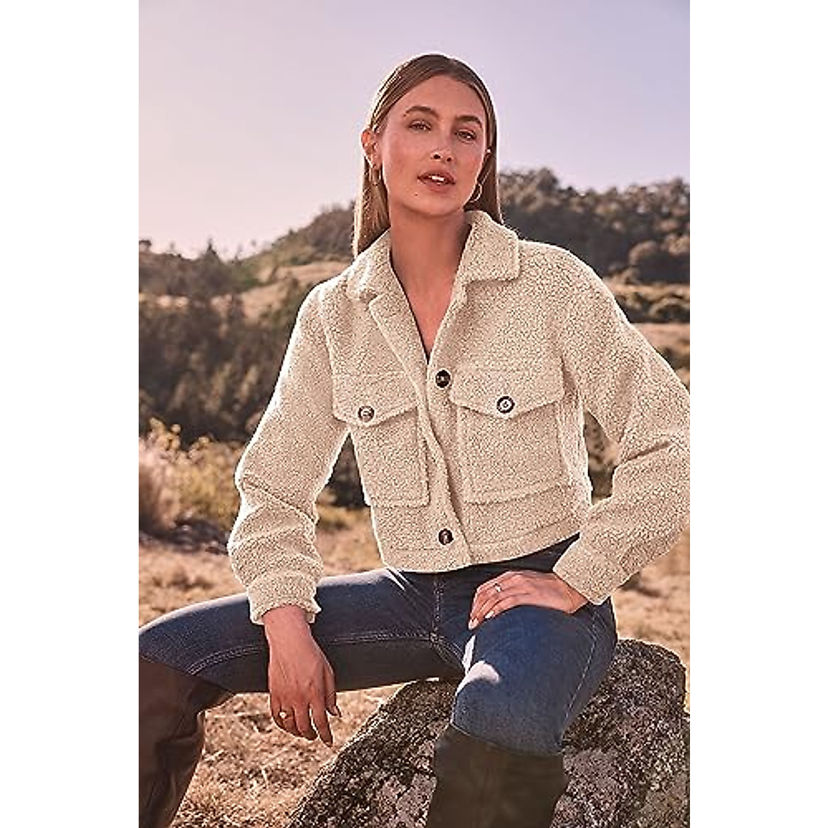 PRETTYGARDEN Womens Fall Clothes Sherpa Shacket Jacket Fuzzy Lapel Button Down Cropped Coat Winter Outerwear (Beige,Large)