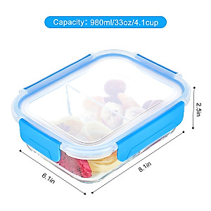 DASAAN 10 Piece Glass Food Storage Containers with 2 compartment and Airtight Lid, Glass Meal Prep Containers, Easy Stack Containers, Freezer to Oven, Microwave and Dishwasher safe