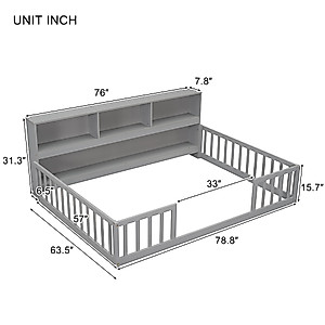 Harper & Bright Designs Full Size Floor Bed with Bedside Bookcase, Shelves, Guardrails, Wood Montessori Bed with Storage, Grey