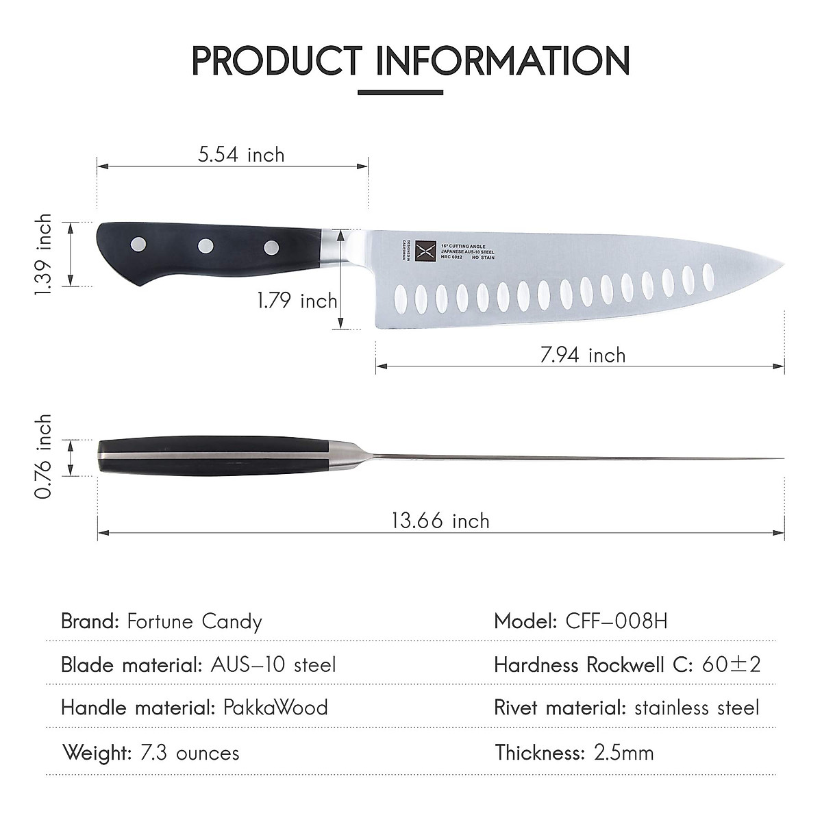 Fortune Candy 8 Inch Chef’s Knife - Japanese AUS-10 Stainless Steel Kitchen Knife - Full Tang, Classic Handle (Silver)