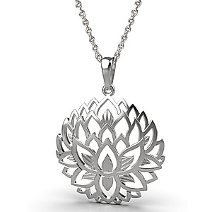 Lotus Flower Necklace 925 Sterling Silver - Large Open Birthday Flower Necklaces for Women 20" Chain - Boho Spiritual Yoga Jewelry - Inspirational Gifts for Her - Handmade