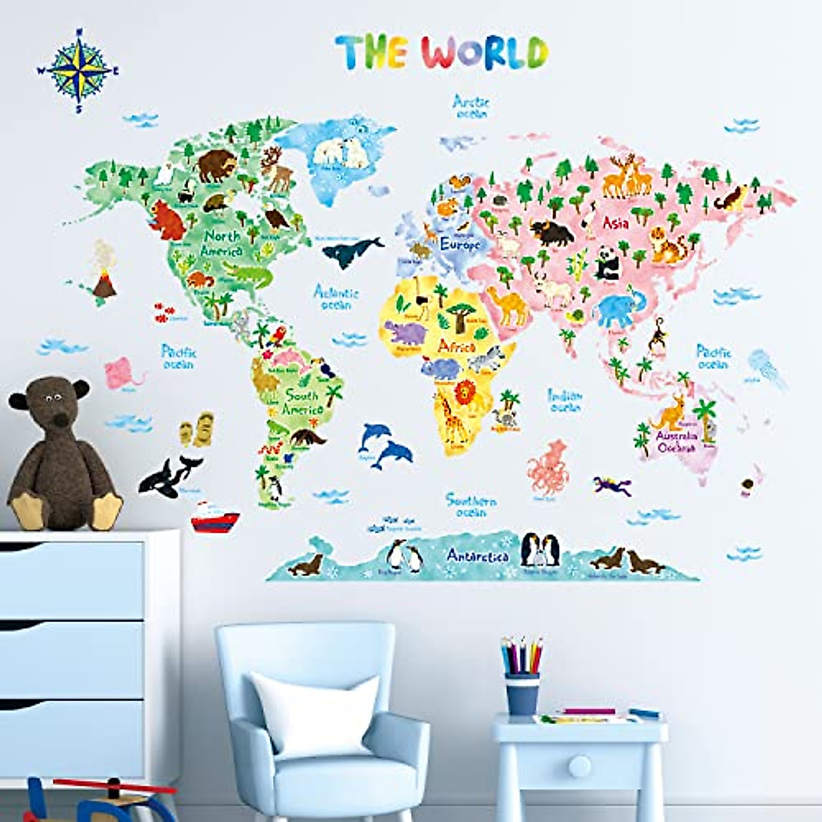 DECOWALL BS-1615S Animal World Map Kids Wall Stickers Wall Decals Peel and Stick Removable Wall Stickers for Kids Nursery Bedroom Living Room (Large) décor