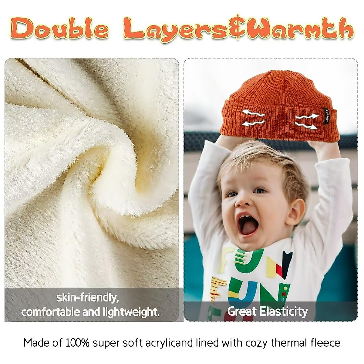 ZUPPAD Baby Beanie Hats, 3-Pack Winter Knit Hats with Fleece Lining for Boys and Girls (Dark Orange, Grey, Black)