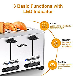 Toaster 4 Slice, Stainless Steel Toasters with Bagel, Cancel and Defrost Function, Dual Control, 1.6 inch Extra-wide Slot, 7 Toasting Levels Toaster with Removable Crumb Trays & Warming Rack 1500W TA1