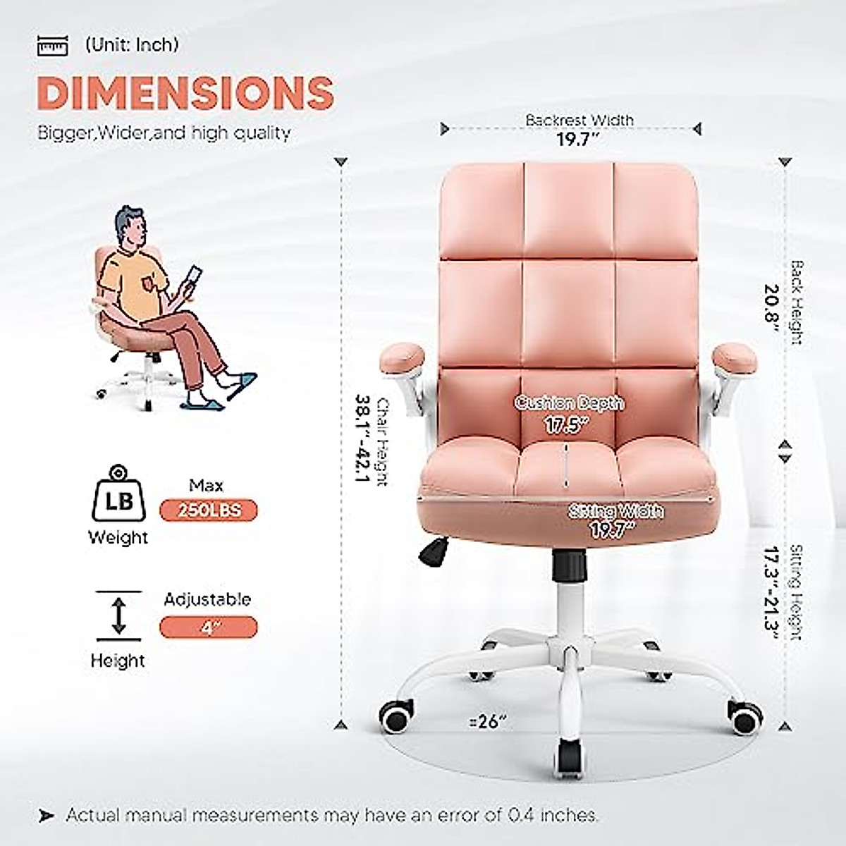 SEATZONE Home Office Desk Chairs Pink PU Leather Office Chair Comfortable Ergonomic Executive Computer Chairs for Women and Adults, Girls