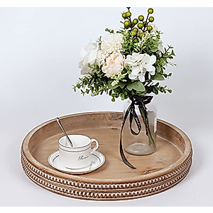 Carah & Cossh Round Wooden Serving Tray, Whitewashed Round Decorative Wood Tray , Round Farmhouse Rustic Decorative Tray, Perfect for Storage and Display (Brown)